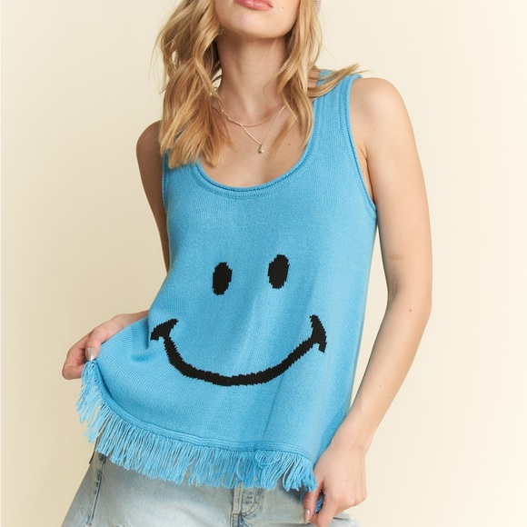 Tops | Smiley Face Fringe Hem Tank Top Blue | Poshmark